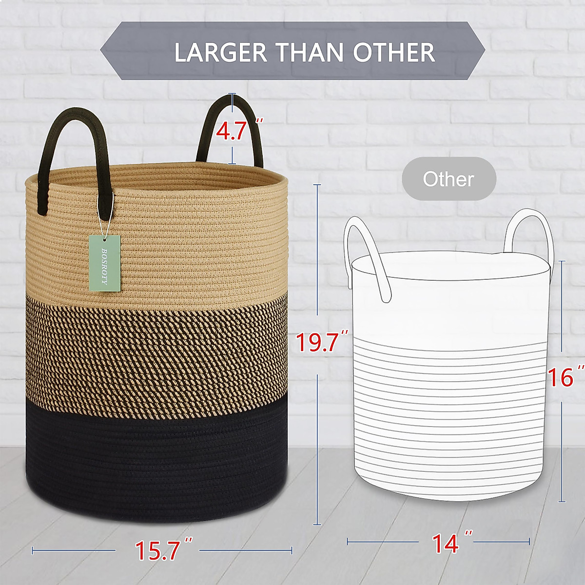 BOSROTY Nursery Hamper, Large Blanket Basket, Tall Laundry Basket 65L, Laundry Hamper, Clothes Basket Laundry, Large Storage Basket, Cotton Rope Basket, Toy Basket, 16”x 20”, Brown & Black