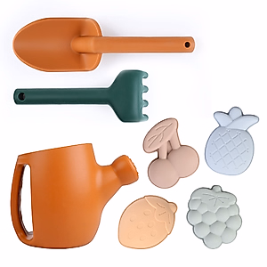 BLUE GINKGO Toddler Gardening Tools - Silicone Beach Toys, Garden Toys for Toddlers | Kids Shovel and Rake Set, Watering Can, Sand Molds | Outdoor Baby Gardening Set (Terracotta)