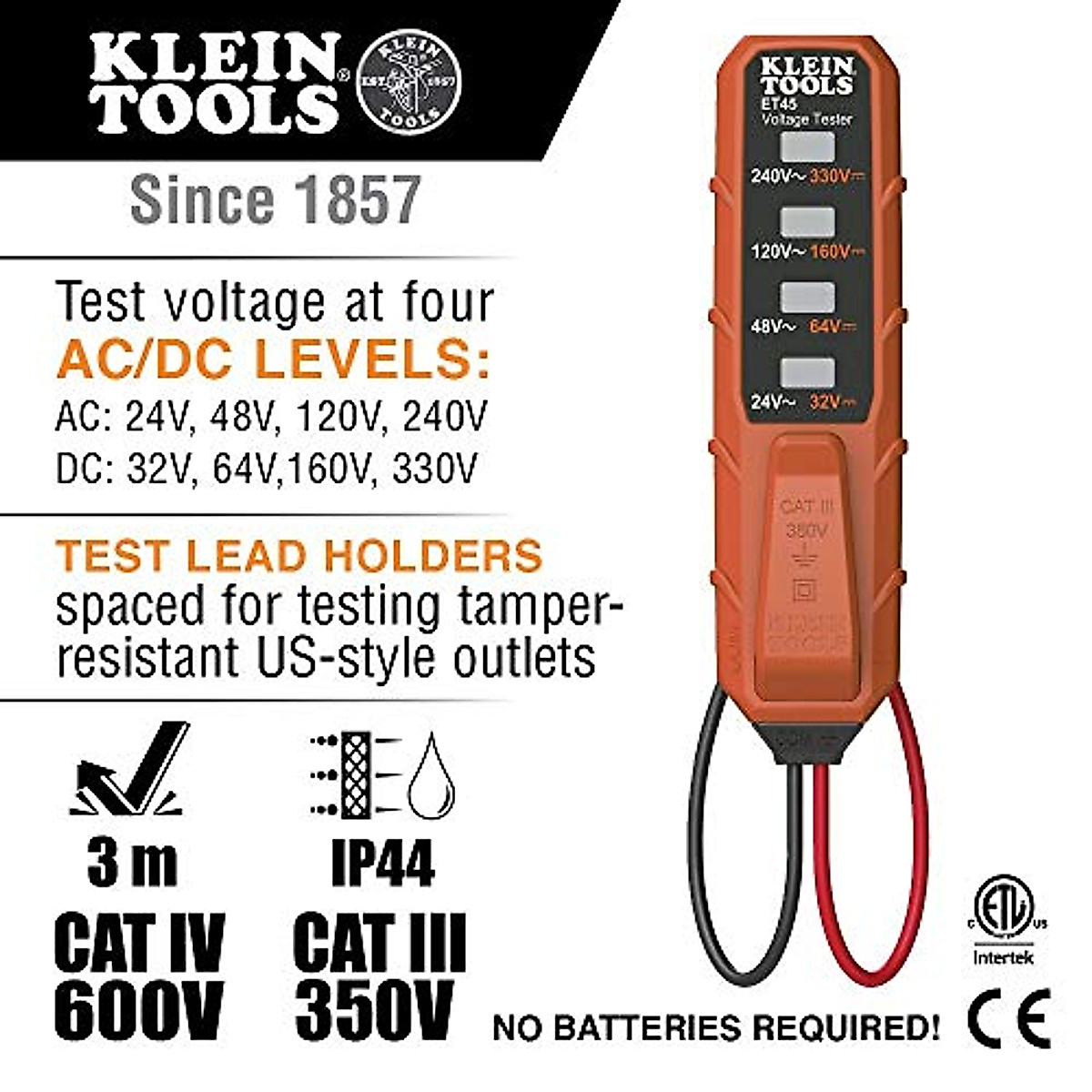 Klein Tools ET45 Voltage Tester, AC Voltage, DC Voltage, Low Voltage Electric Tester, No Batteries Needed