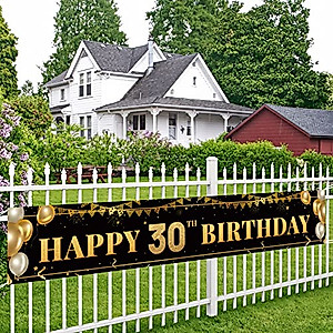 Large Happy 30th Birthday Decoration Banner, Black and Gold Happy 30th Birthday Banner Sign, 30th Birthday Party Decorations Supplies(9.8x1.6ft)