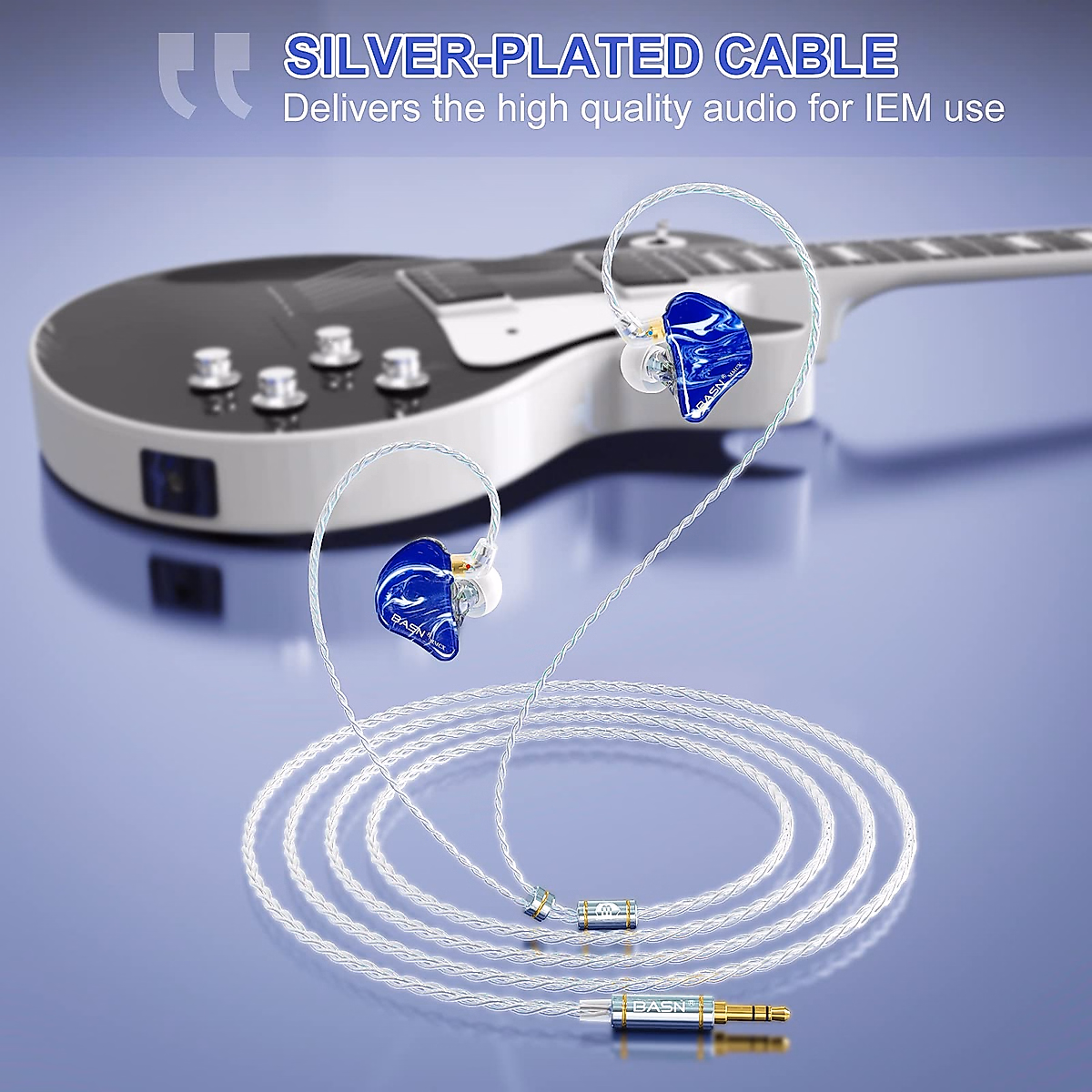 BASN MMCX in Ear Monitor Headphones, Musicians Triple Driver Noise Isolating Earphones with 2 Upgraded Detachable Cables (Ice Blue)