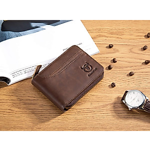 BULLCAPTAIN Mens Leather Zipper Wallet RFID Blocking Bifold Secure Vintage Zip Around Multi Credit Card Holders