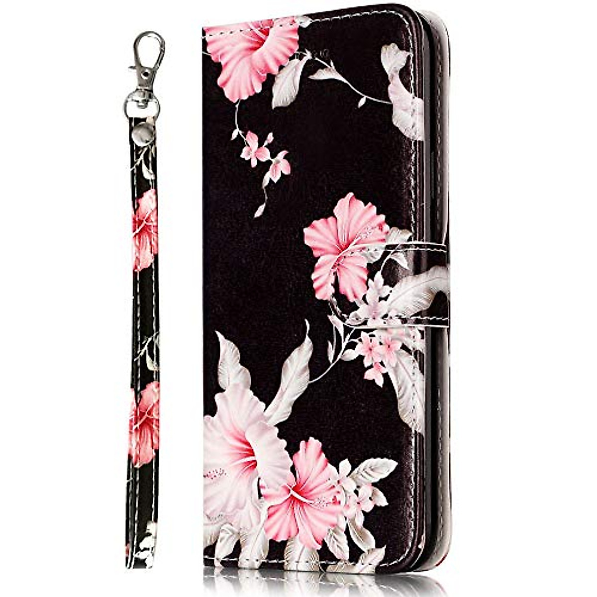 JanCalm Compatible with iPhone 11 Wallet Case, Floral Pattern Premium PU Leather [Wrist Strap] [Card/Cash Slots] Stand Feature Flip Cases Cover for iPhone 11 Case Wallet (Black/Flower)