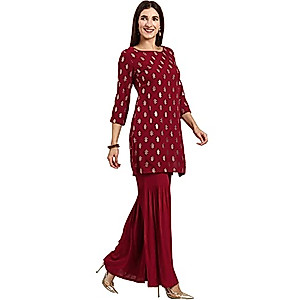 Janasya Indian Women's Maroon Rayon Kurti With Sharara And Dupatta(SET322-KR-SHA-XS)