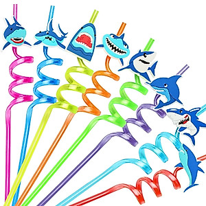 24 reusable shark straws and 2 cleaning brushes, Shark party supplies, birthday party gift decorations - set of 26