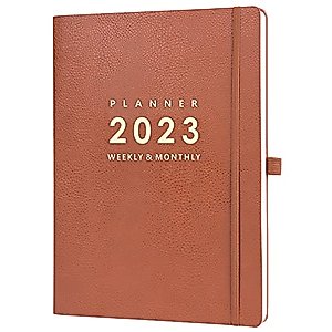 2023 Planner - Weekly & Monthly Planner 2023, 8.5" x 11", Jan 2023 - Dec 2023, Pen Holder, Calendar Stickers, Pocket, 25 Notes Pages, Faux Leather Cover, 2 Book Marks, A4 Premium Paper - Brown