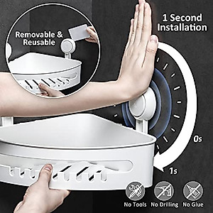 LEVERLOC Corner Shower Caddy Suction Cup NO-Drilling Removable Bathroom Shower Shelf Heavy Duty Max Hold 22lbs Caddy Organizer Waterproof & Oilproof Shower Corner Rack for Bathroom & Kitchen - White
