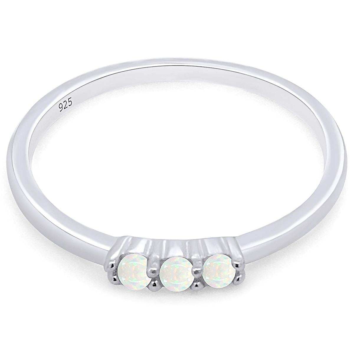 AFFY Three Stone Ring, 1.5MM Round Cut Created Opal Dainty Stackable Engagement Ring In 14k White Gold Plated 925 Sterling Silver Jewelry For Her Ring Size -7