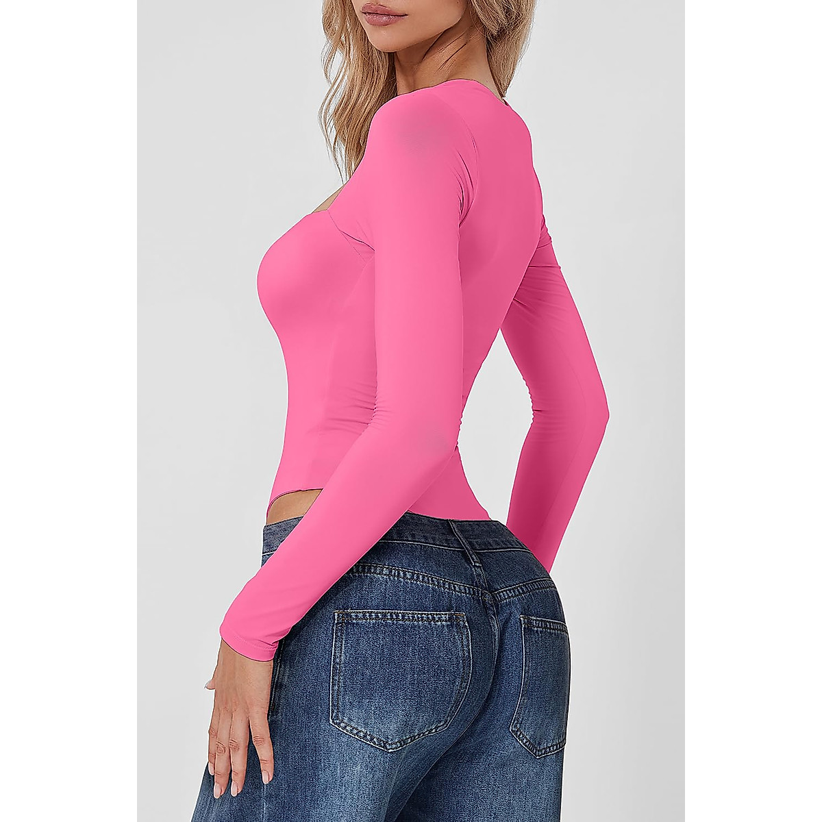 QINSEN Square Neck Shirt for Women Long Sleeve High Leg Thong Bodysuit Tops Magenta M