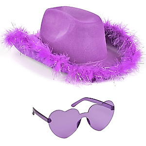 Funcredible Purple Cowboy Hat and Glasses - Fluffy Cowgirl Hat with Star for Girls - Cowboy Hat with Feathers - Hannah Costume - Halloween Accessories for Women