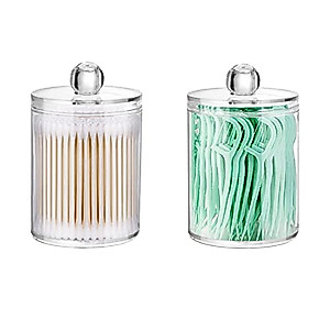 DAPOWER 2 Pack Qtip Holder Storage Canister for Cotton Ball, Cotton Swab, Pads, Floss; 10-Ounce Clear Plastic Apothecary Jar with Lid, Bathroom Makeup Organizer (2)