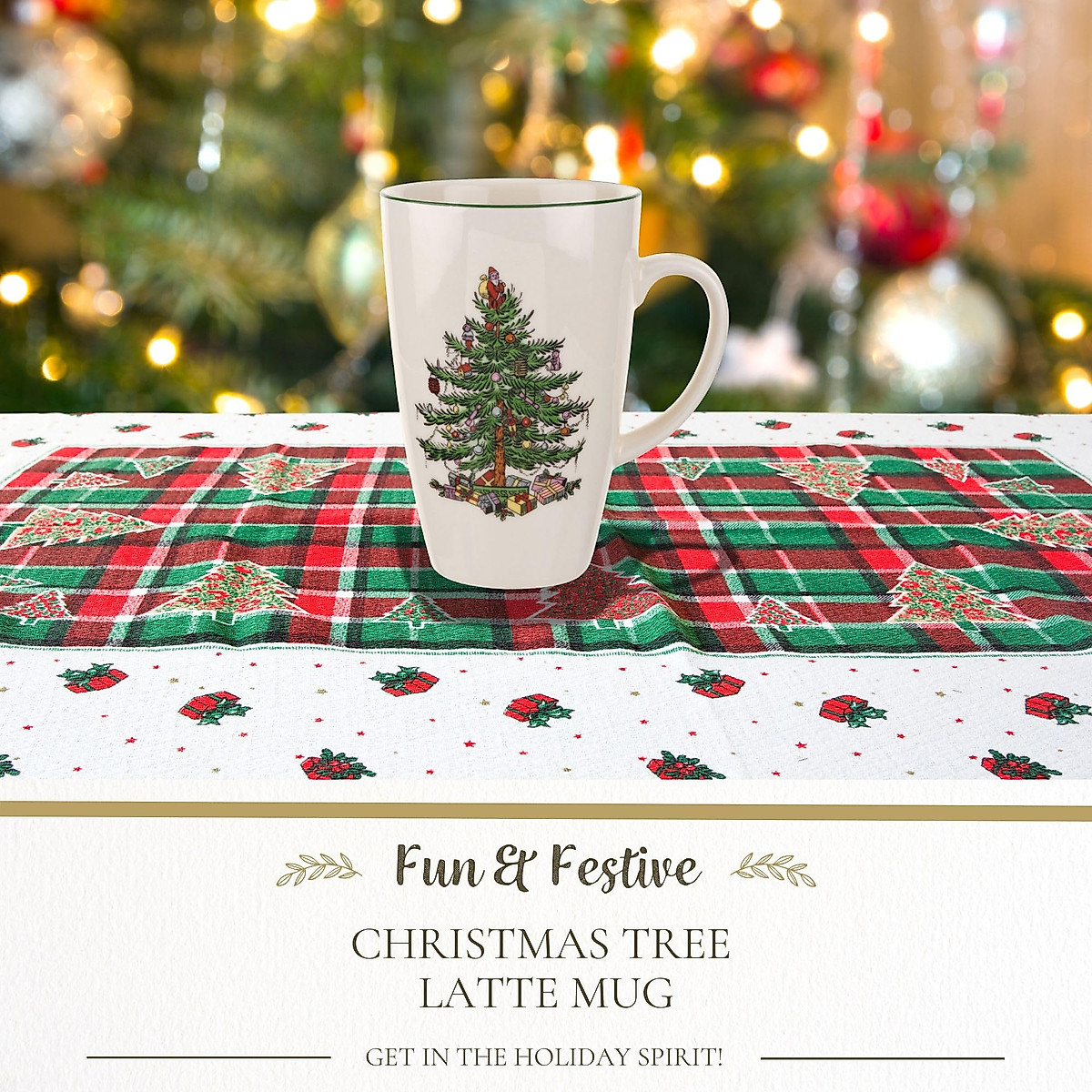 Spode Christmas Tree Latte Mug - 22 Oz Holiday Coffee Cup for Tea, Hot Cocoa, and More - Classic Green Banded Christmas Tree Design - Dishwasher & Microwave Safe Fine Earthenware Mug