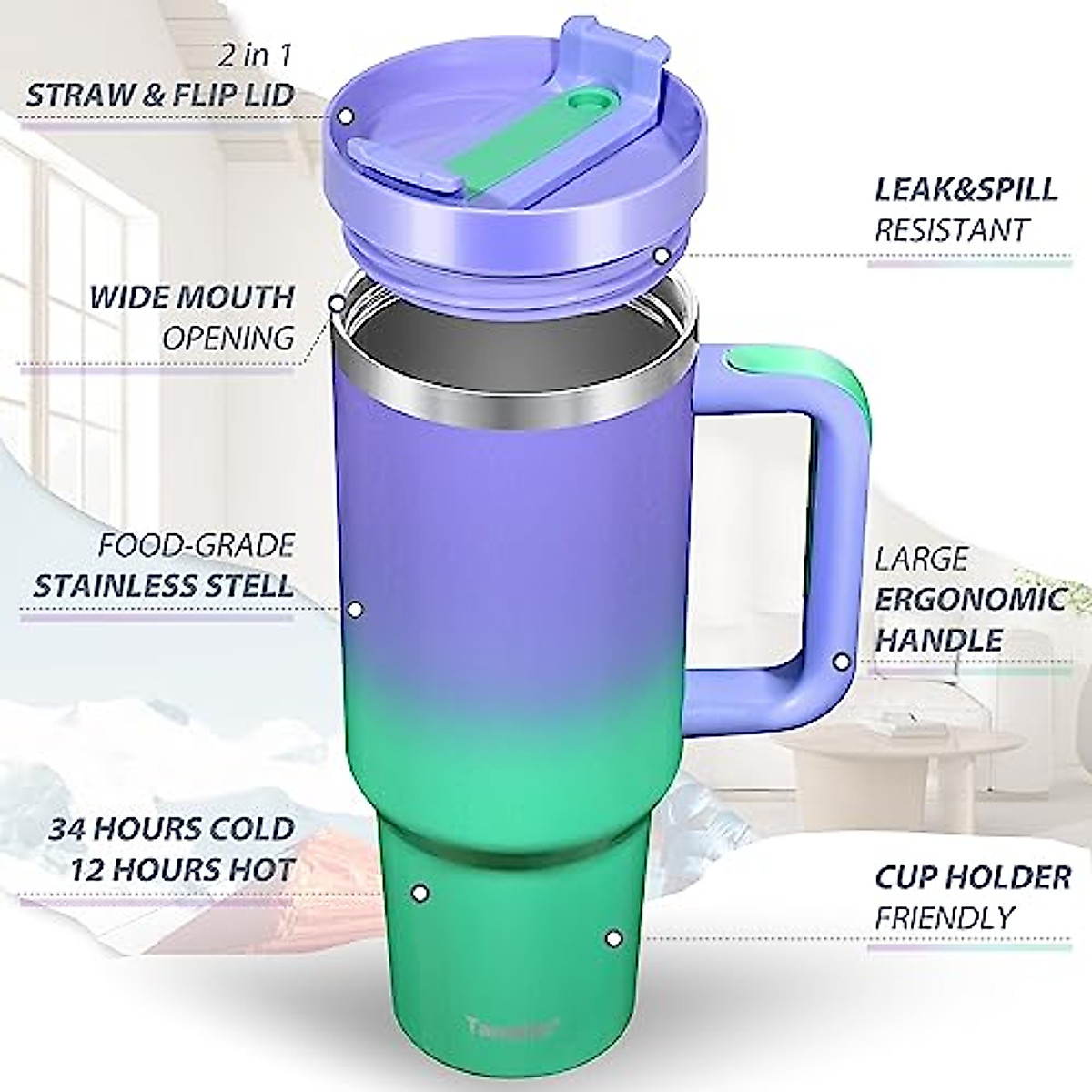 40 oz Tumbler with Handle, Upgraded Insluated Stainless Steel Tumbler with Lid and Straw, Double Wall Travel Coffee Mug Iced Cup, Keeps Cold for 34 Hours, Dishwasher Safe, BPA Free, Fairyland Green