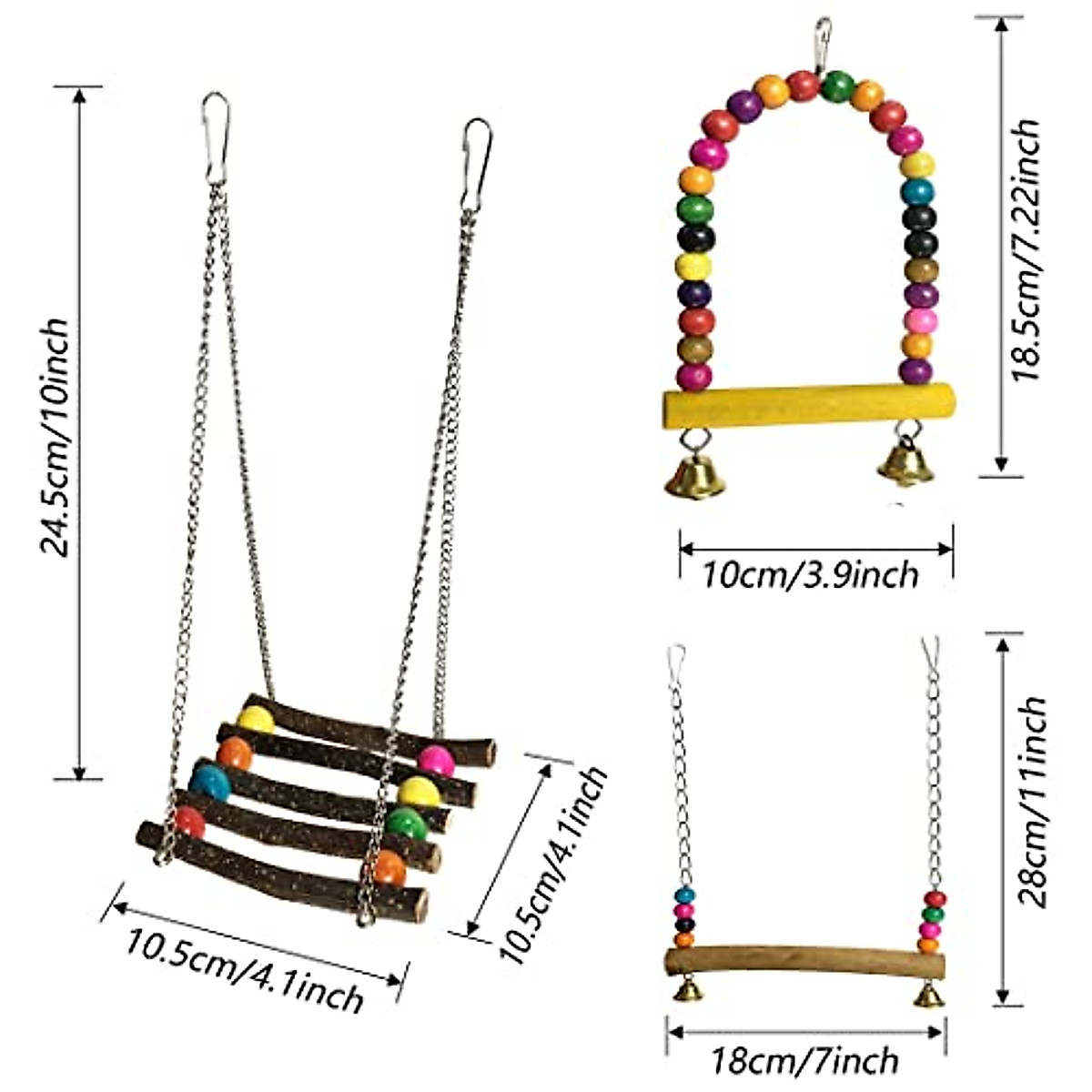 OMYZERO 3Pcs Bird Parrot Toys Swing Hanging, Bird Cage Accessories Toy Perch Ladder Chewing Toys Hammock for Parakeets,Cockatiels,Lovebirds,Conures,Budgie,Macaws,Lovebirds,Finches and Other Small Pets