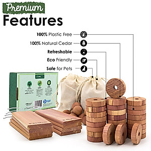 ecoKiwi Cedar Blocks for Clothes Storage Super Bundle Box - Cedar Hangers x10, Balls x30 & Rings x28-100% Natural Oil Planks & Chips for Closets & Drawers - Aromatic Red Cedar Wood with Sandpaper