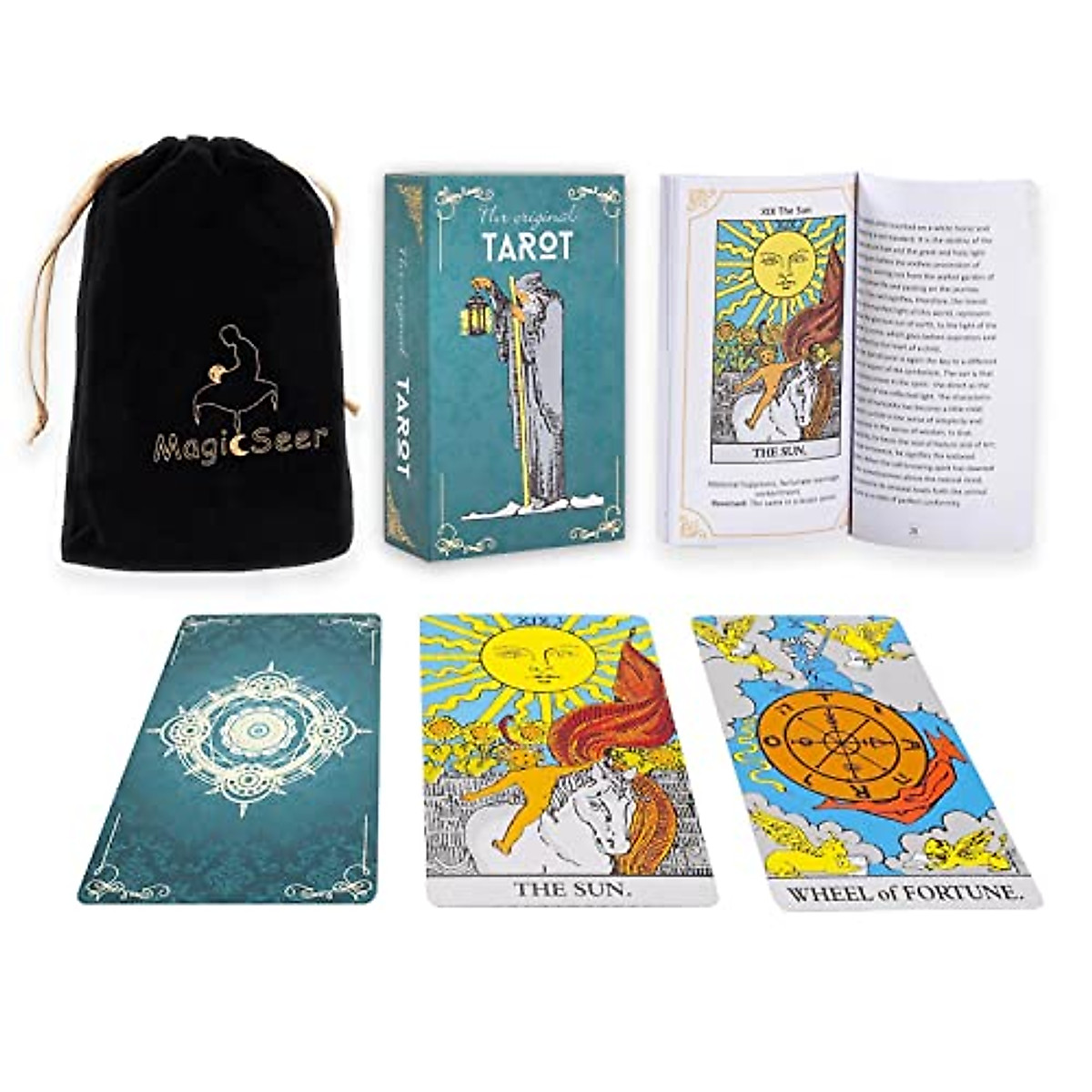 MagicSeer Original Tarot Cards,78 Durable Large Tarot Card Decks for Beginners and Expert,Tarot Cards Set with Velvet Tarot Card Bag Pouch for Gifts,Fortune Telling Cards Game
