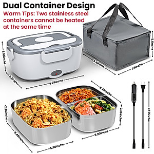 Electric Lunch Box Food Heater for Work, 80 W Food Warmer for Car Truck Travel with 2 Stainless Steel Containers 1.5 Liters Potable Self Heating lunch Box for Adults lonchera eléctrica portátil