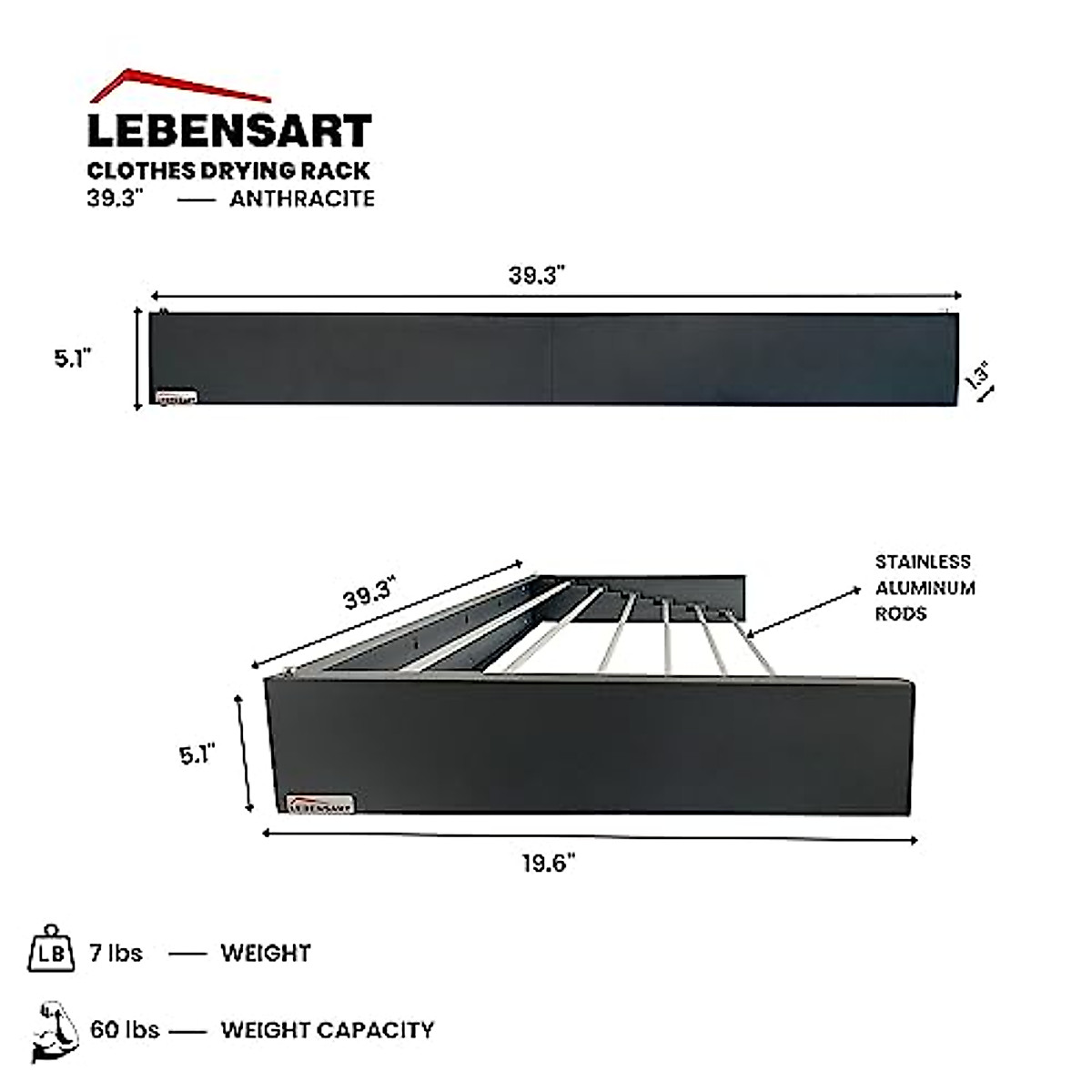LEBENSART Laundry Drying Rack, Stainless Steel Collapsible Wall Mounted Space Saving Clothes Drying Rack, Indoor and Outdoor Foldable Drying Rack, 60lbs-20 Ft Drying Capacity, 40" (Anthracite Gray)