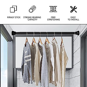 Alipis Free Punching Telescopic Pole Bathroom Shower Curtain Rod Clothes Drying Rod Retractable Clothes Rail Shower Curtain Rods Spring Tension For Closet,Curtain(Black)