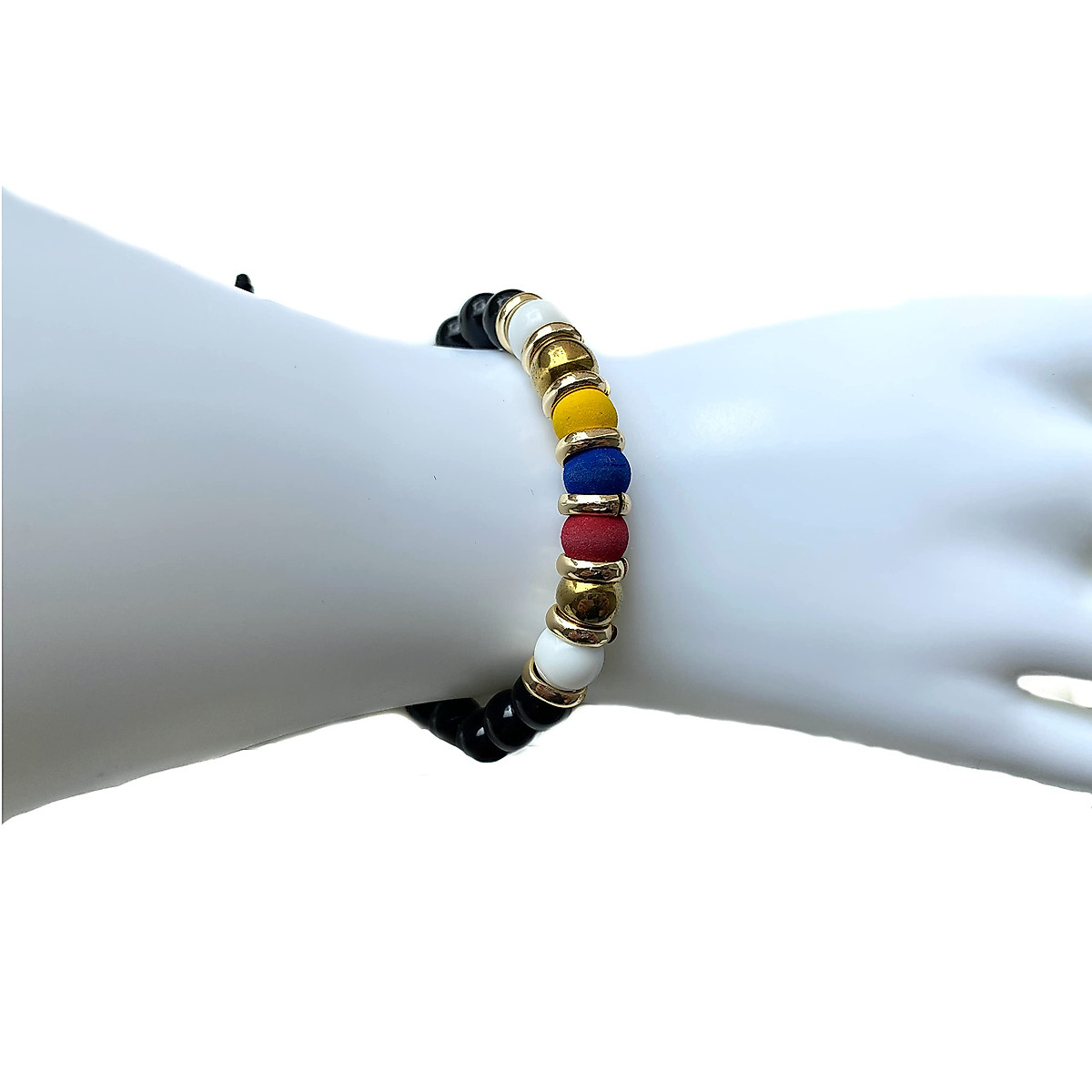 CharmsOfTheWorld Handmade Bracelet from Medellin - Colombia Flag Colors - Cat's eye gemstone and steel beads - Sliding Knot