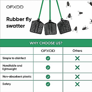 OFXDD Rubber Fly Swatter, Long Fly Swatter Pack, Fly Swatter Heavy Duty, Green Color (3 Pack)