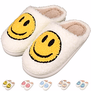 ZICKYO Kids Slippers Boys Girls Cute Happy Face House Slippers Warm Soft Plush Non-Slip Indoor Outdoor Slip-on Shoes White Yellow 3-4 Big Kid