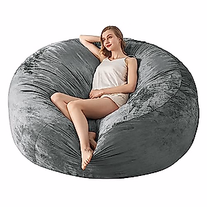 XIECUVA Bean Bag Chair Cover (Not A Full Bean Bag), Large Round Soft Fluffy Ultra-Fine Fiber Velvet Sofa Bed Cover, Lazy Sofa Bed Cover, 5ft Dark Grey (Cover Only, No Filler)
