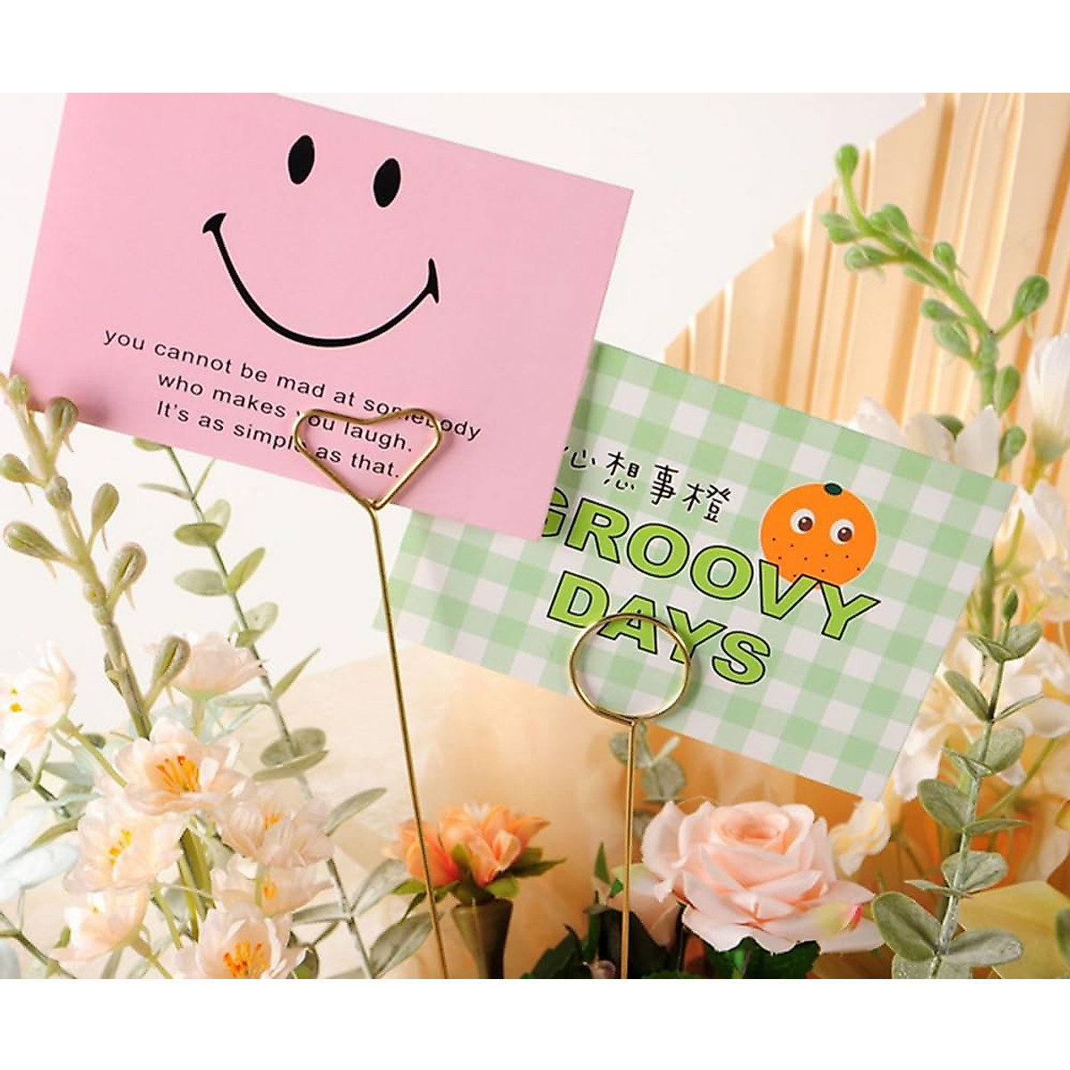 20 Pcs Golden Metal Wire Floral Place Card Holder Flower Picks Sticks Clip Round Photo Memo Note Holder Picks Clay Cake Accessories for Wedding Birthday Party(13 Inch)