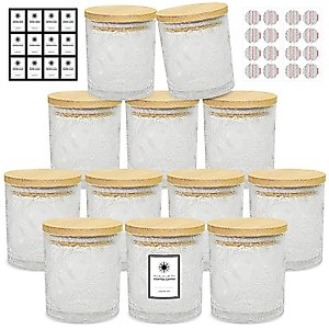 SUPMIND 8oz Embossed Candle Jars for Making Candles, 12 Pack Luxury Clear Candle Jars Bulk Empty Glass Candle Containers with Bamboo Lids, Stickers Labels - Dishwasher Safe