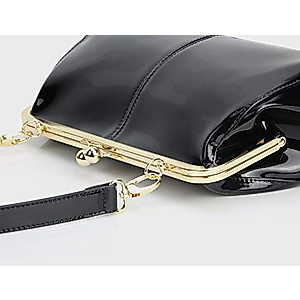 Vintage Kiss Lock Handbags Shiny Patent Leather Evening Shoulder Tote Bags with Chain Strap (Black)