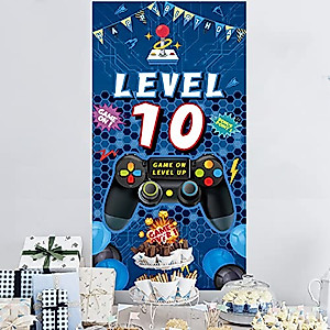 Vlipoeasn 10th Birthday Decorations for Boys 10th Video Game Birthday Door Banner Blue 10th Birthday Gamer Door Cover Sign Poster Decorations 10th Video Gamer Backdrop Party Supplies
