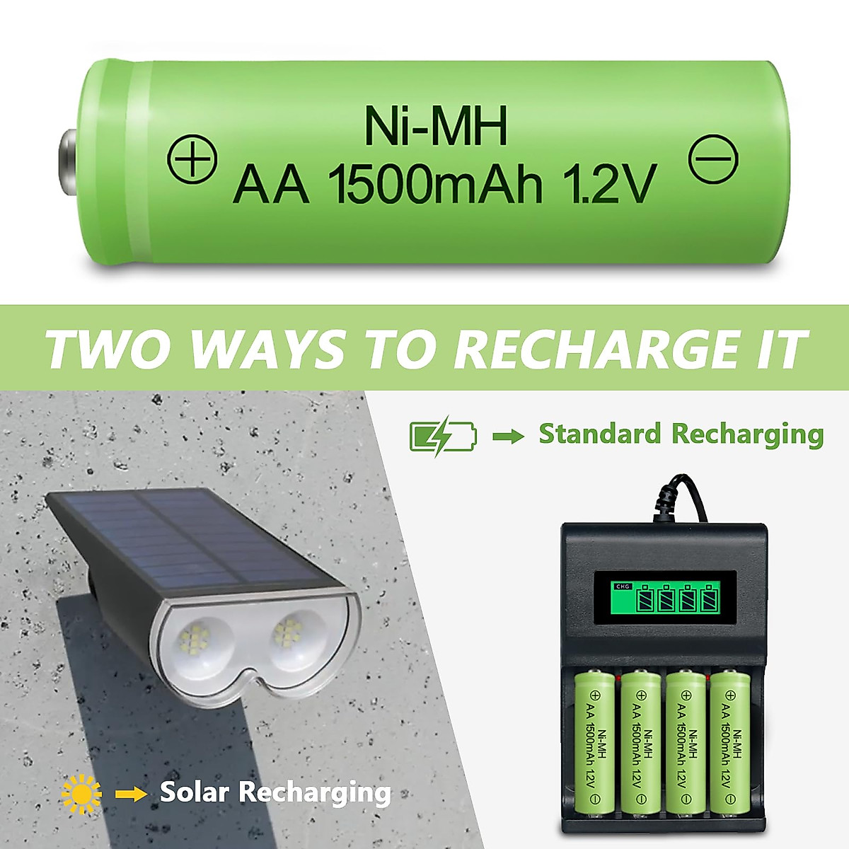 GENYESTAR AA Rechargeable Batteries NIMH 1.2V Double A 1500mAh High Capacity Solar Battery Low Self Discharge, Pack of 8