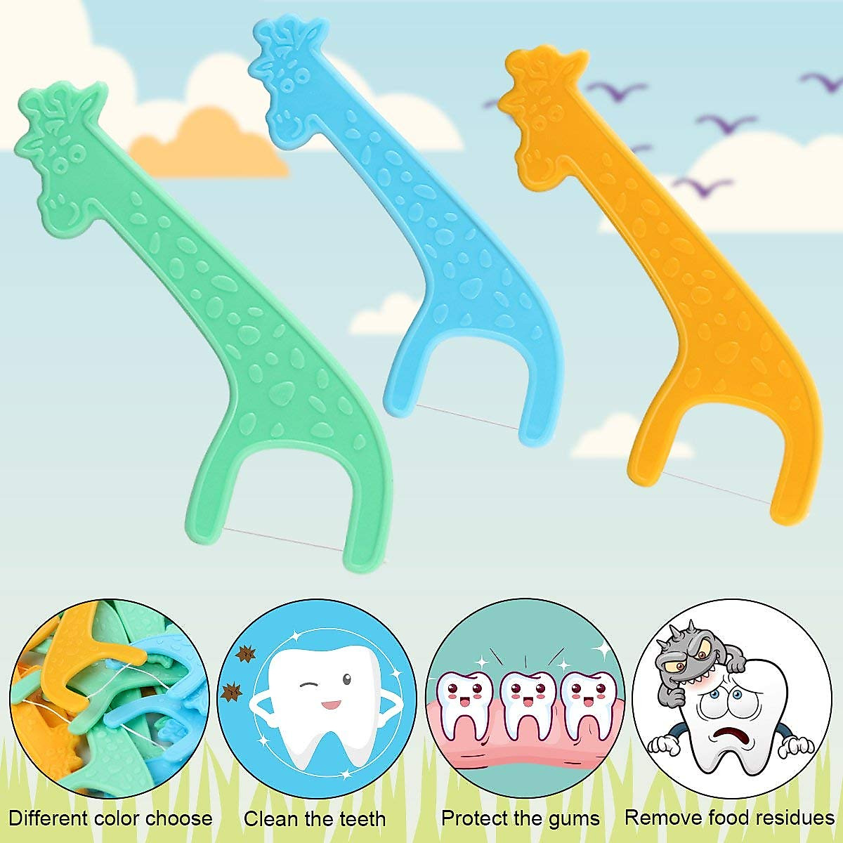 FAMILIFE Kid's Dental Floss Picks Without Fluoride, 4 Travel Handy Cases Unflavored Flosser 120 Picks and 4 Travel Cases 200 Picks Animal Pattern