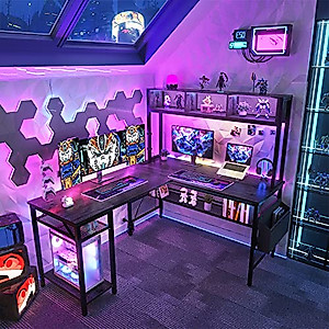 Unikito L Shaped Computer Desk with LED Strip and Power Outlets, Reversible L-Shaped Corner Desk with Storage Shelves and Bag, Industrial Home Office Desk Gaming Table with USB Port, Black Oak