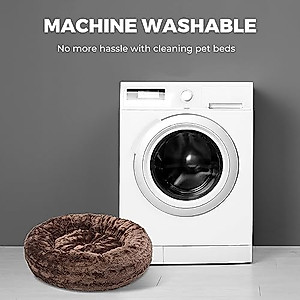 Veehoo Calming Dog Bed & Cat Bed, Anti-Anxiety Small Dog Beds for Medium Dogs, Washable Donut Round Pet Bed with Fluffy Faux Fur for Puppy and Kitten, 23x23 inch, Brown