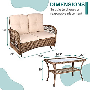 MEETWARM Outdoor Wicker Patio Glider Set with Glass-Top Coffee Table, Loveseat for 2 Person Porch Furniture Glider, Patio Glider Rocking Bench with Thickened Cushions