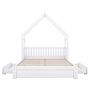 SOFTSEA Queen Size House Bed for Kids, Floor Bed Frame with 2 Storage Drawers, Low Wood Bed Frame with Guardrails and Roof, House Shaped Bed for Kids, White