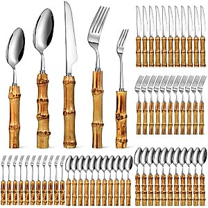 Bamboo Silverware Set 18/8 Stainless Steel Tableware Set Natural Bamboo Utensil Flatware Set Spoon Fork Knives Bamboo Handle Cutlery Set for Kitchen Wedding Home Restaurant Party (Silver, 60 Pieces)