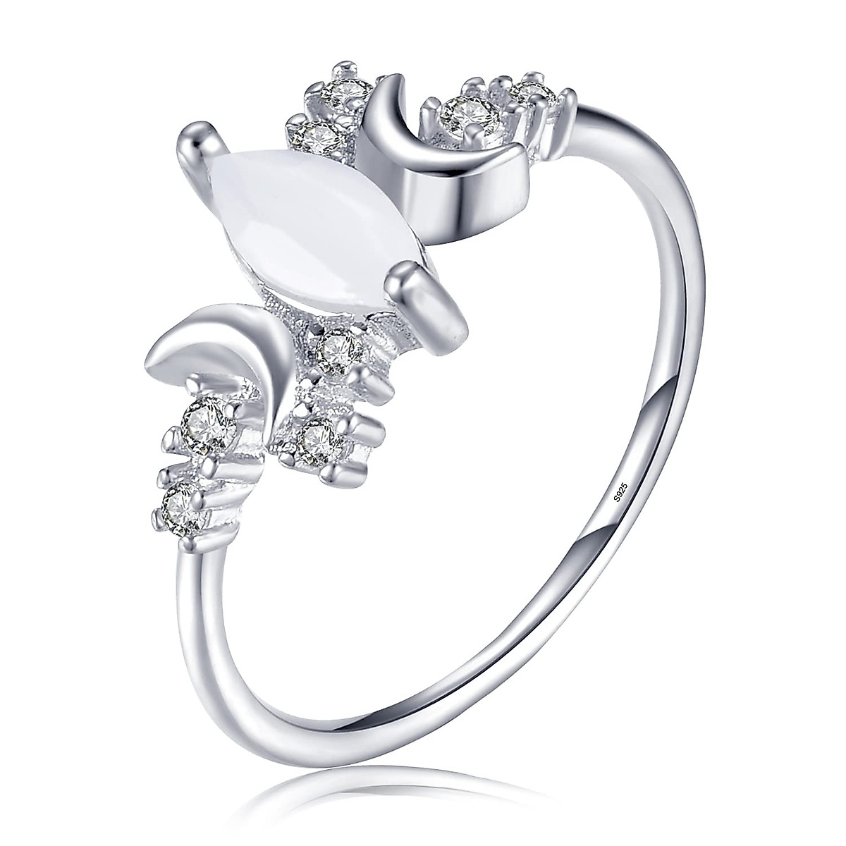 MYLYAHY White Opalite Stone Crescent Moon Ring for Women Girls,Dainty Tiny Cute Thin Minimalist Delicate S925 Sterling Silver Crystal Gemstone Ring Jewelry Gift for Her (Ring_A, 9)