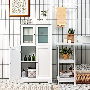 Tangkula Bathroom Floor Cabinet, Freestanding Storage Cabinet w/Glass Doors, Wooden Kitchen Cupboard w/Adjustable Shelf, Bathroom Storage Cabinet for Hallway Living Room Office (Cabinets, White)