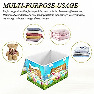 senya Easter Storage Baskets Collapsible Storage Bins with Lids, Happy Easter Eggs Bunny Storage Boxes Clothes Baskets for Organizing
