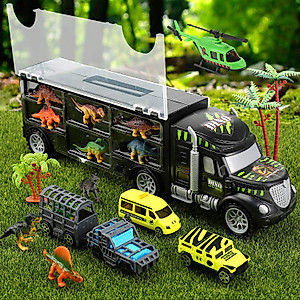 34 in 1 Dinosaurs Truck, Dino Transport Car Carrier Truck Toy with 12 Mini Dinosaur Figures and 4 Cars, Dino Park Toy Chritsmas Gift for 3+ Year Old Boys and Toddlers