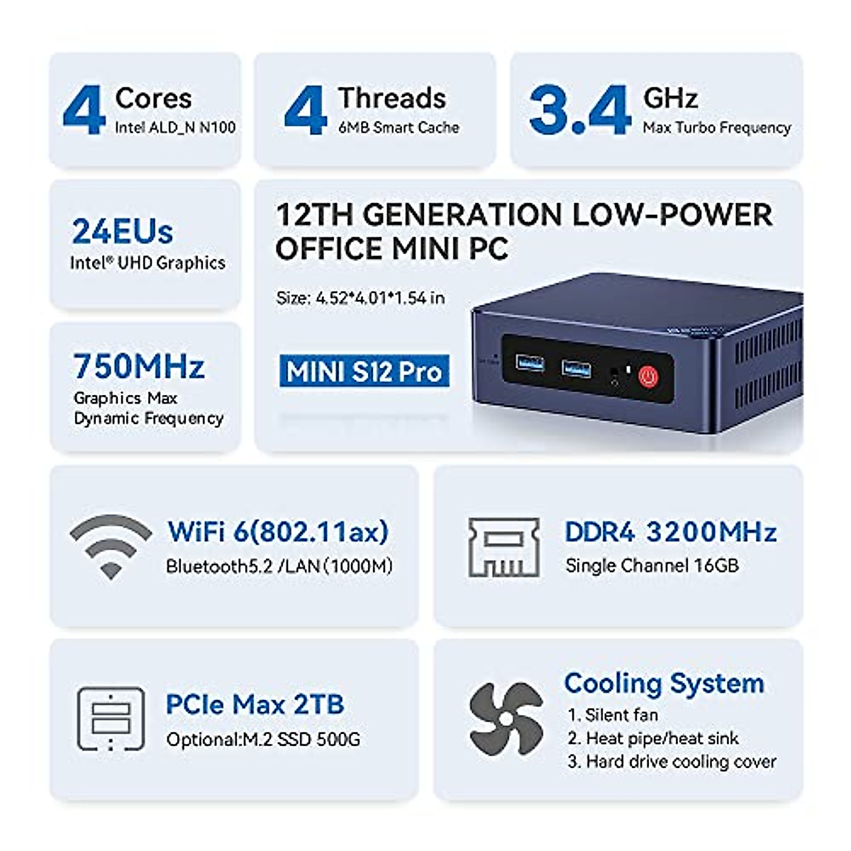 Beelink Mini S12 Pro Mini Pc Computers,16GB DDR4 500GB SSD with Inter 12th Generation Processors N100 4 Cores 3.4Ghz, 4K@60Hz Dual HDMI Output Wi-Fi6/BT 5.2.Support 2.5" HDD/SSD