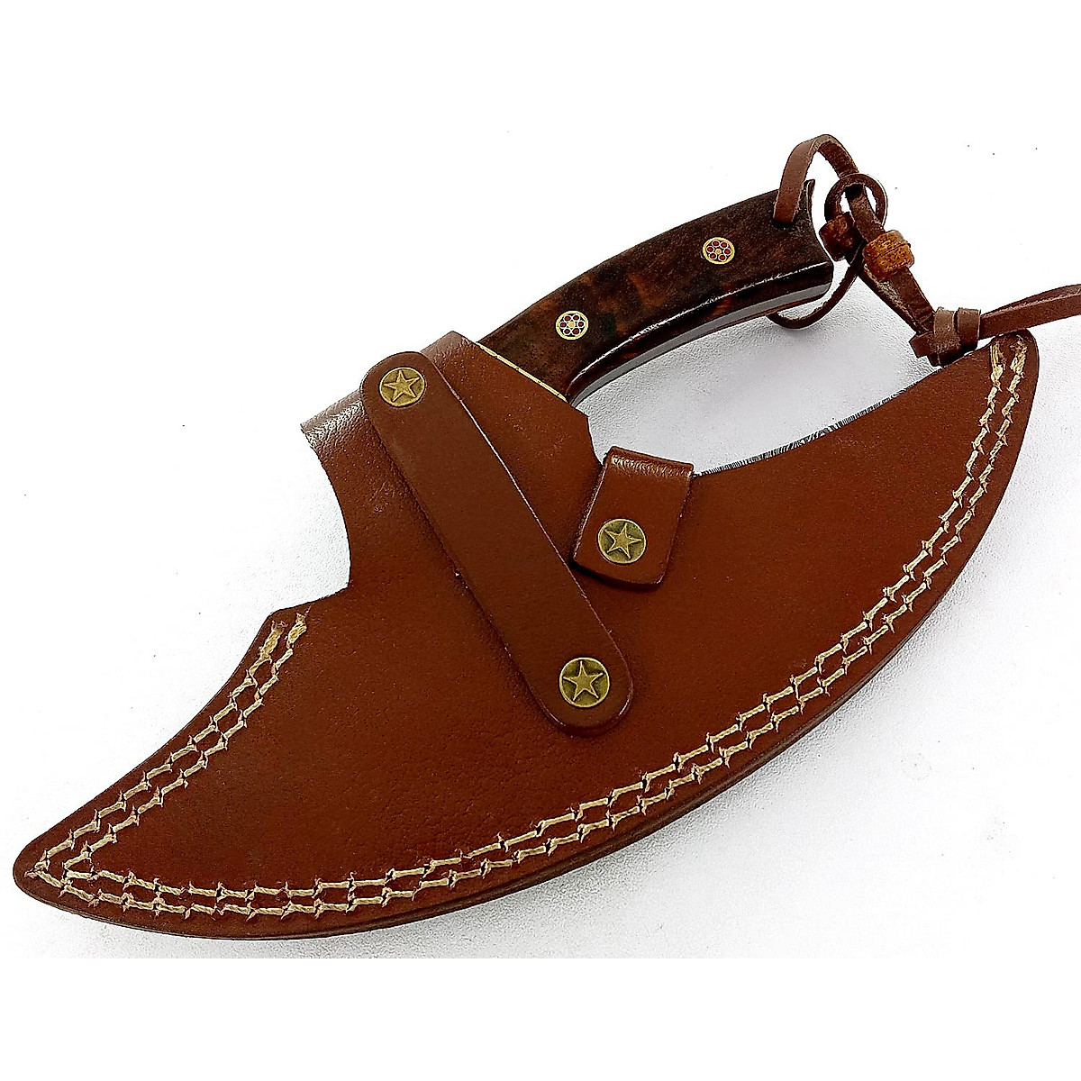 Damascus Steel alaskan Ulu Knife - Fixed Blade knife for Chopping Boning Slicing Cutting,Solid Burl Rose Wood Handle with Leather Sheath.SM145