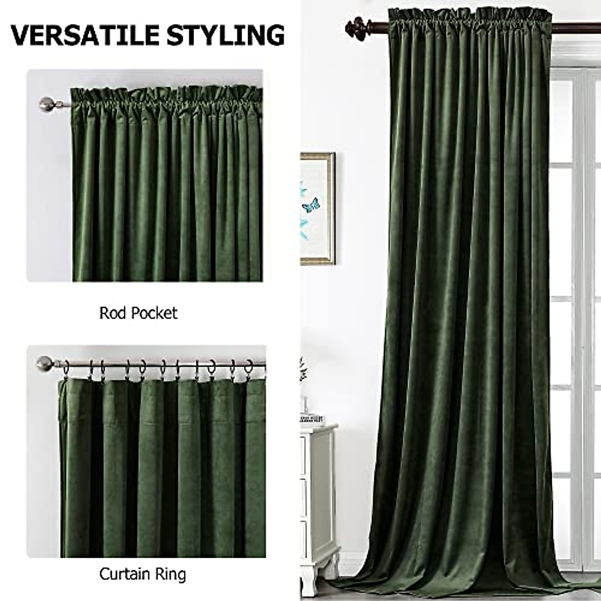 Benedeco Blackout Green Velvet Curtains for Bedroom Window, Light Filtering Drapes for Living Room Darkening Soundproof Thermal Curtain Rod Pocket 52 x 108 inches Long Length Set of 2 Panels