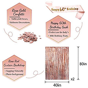 60th Birthday Decorations for Women, Happy Birthday Banner Cake Topper Rose Gold Curtain Happy 60th Birthday Sash 60 Balloon Number for 60th Anniversary Decorations Birthday Party Backdrop