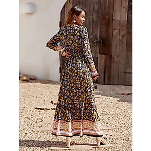 PRETTYGARDEN Long Dress Long Sleeve - Floral Button V Neck Casual Spring Boho Maxi Dresses (Black Yellow,X-Large)