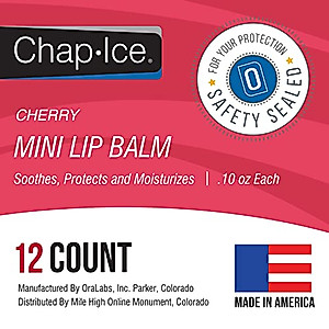 Chap-Ice® | 12-Count Mini Cherry Lip Balm | Lip Balm Pack Fortified with Vitamin E for Dry, Cracked Lips | Made in USA | 12-Count Mini Lip Balm with Cherry Flavor (0.10oz/3g Each)