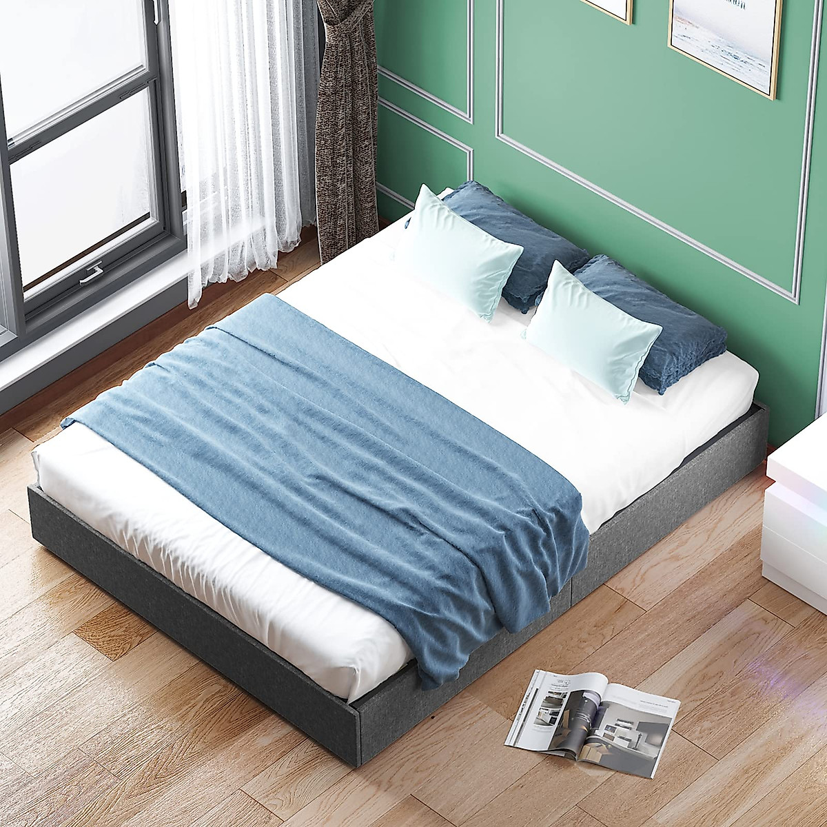 CECER Bed Frame with 4 Storage Drawers, Cotton Linen King Size Platform Bed Frame with Wood Slat Support/No Box Spring Needed/Easy Assembly/Under Bed Storage, King Size, Dark Grey