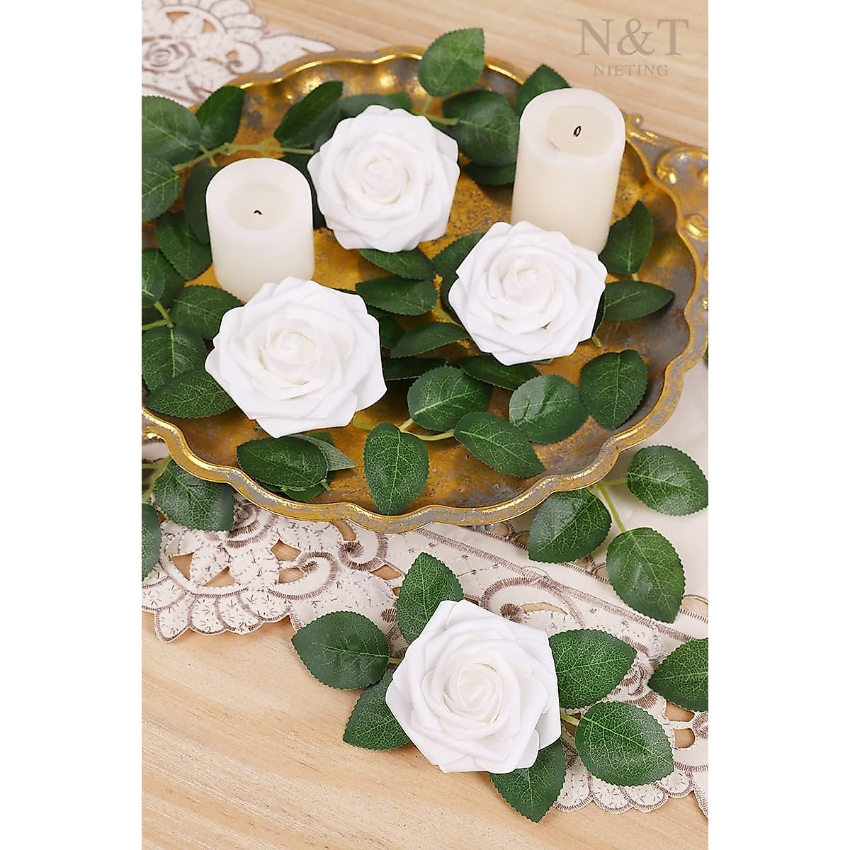 N&T NIETING Artificial Flowers, 25pcs Fake Flowers White Rose Perfect for DIY Wedding Bridesmaid Bridal Bouquets Centerpieces Home Flower Arrangement Decoration